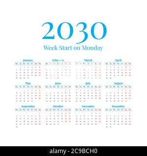 Simple 2030 year calendar, week starts on Monday Stock Vector Image ...