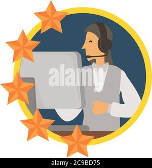 Female telemarketer or sales agent at workplace with headset at call ...