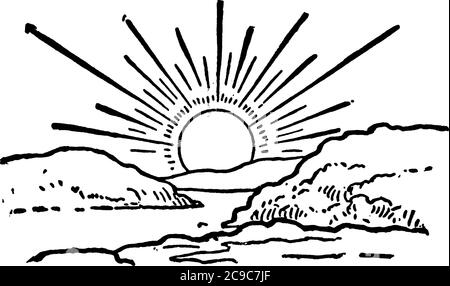 Sunrise engraving illustration. Vintage engraved sky vector with waves ...