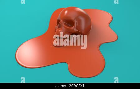 A sylised concept of a melting red human skull into a puddle of liquid ...