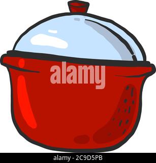 Red pan, saucepan, pot, casserole, cooker, stewpan with boiling water ...