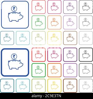 Indian Rupee piggy bank flat color icons in round outlines. 6 bonus ...