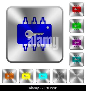Hardware security engraved icons on edged square buttons in various ...