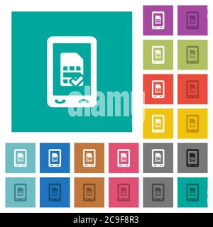 Mobile simcard accepted flat white icons on round color backgrounds. 6 ...
