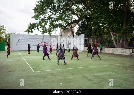 Group of young beautiful muslim women in fashionable dress with hijab ...