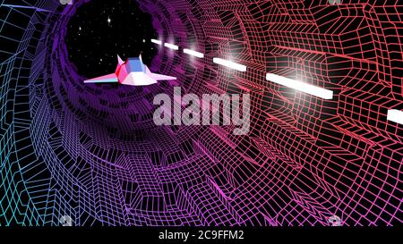 Arcade space ship flying to the gateway in blue corridor 3D landscape ...