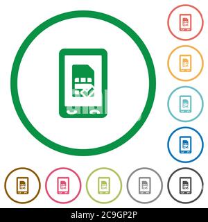 Mobile simcard accepted flat white icons on round color backgrounds. 6 ...