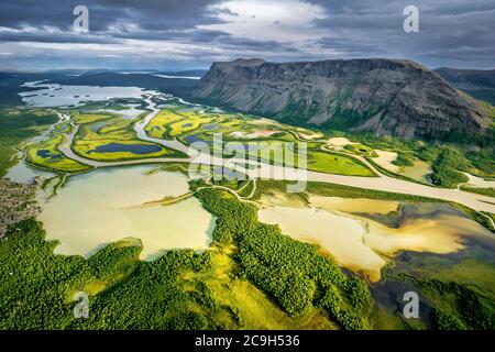 Aerial view of the Rapa river delta with distant mountains, Sarek ...