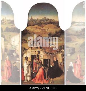A Triptych: central panel: The Adoration of the Magi; left wing: The Nativity; right wing: The ...
