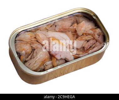 Tuna belly slices in oil in tin can with greens and lemon Stock Photo ...