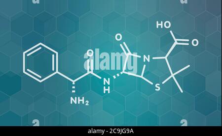 Ampicillin beta-lactam antibiotic drug molecule. Stylized skeletal ...