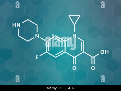 Ciprofloxacin antibiotic drug (fluoroquinolone class) molecule ...