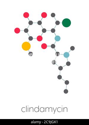 Clindamycin antibiotic drug (lincosamide class) molecule. Blue skeletal ...