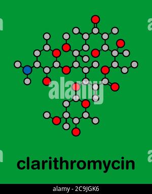 Clarithromycin antibiotic drug (macrolide class) molecule. Skeletal ...