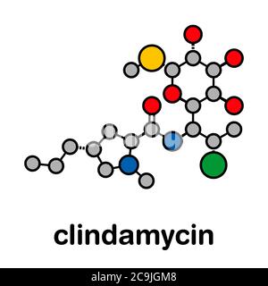 Clindamycin antibiotic drug (lincosamide class) molecule. Blue skeletal ...