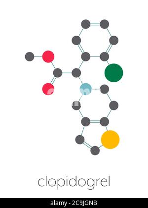 Clopidogrel antiplatelet agent molecule. Inhibits blood clotting. White ...