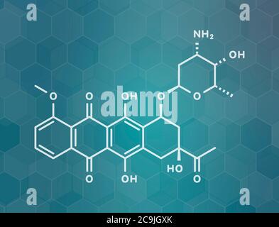 Daunorubicin (daunomycin) cancer chemotherapy drug molecule. Stylized ...