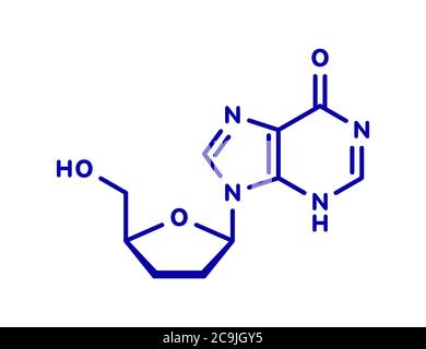 Didanosine (2′,3′-dideoxyinosine, ddI) HIV drug molecule. Atoms are ...