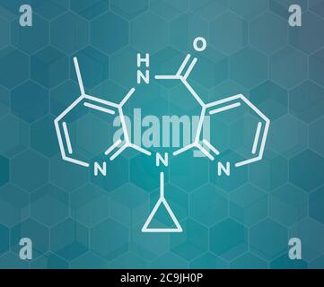 Nevirapine HIV drug molecule. Belongs to NNRTI class. Stylized skeletal ...