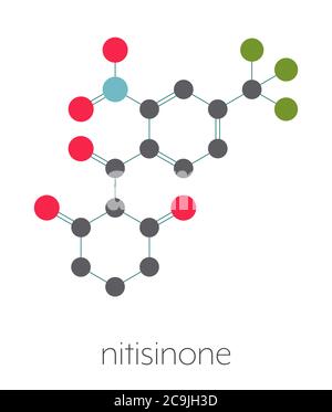 Nitisinone hereditary tyrosinemia type 1 drug molecule. White skeletal ...