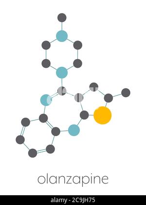 Olanzapine antipsychotic drug molecule. Stylized skeletal formula ...