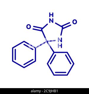 Phenytoin epilepsy drug molecule. White skeletal formula on dark teal ...