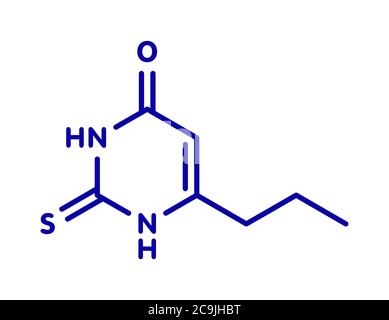 Propylthiouracil (PTU) hyperthyroidism drug molecule. Atoms are ...