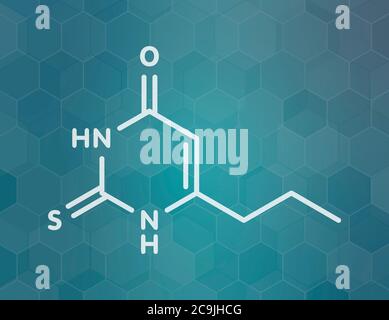 Propylthiouracil (PTU) hyperthyroidism drug molecule. Stylized skeletal ...