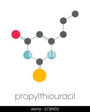Propylthiouracil (PTU) hyperthyroidism drug molecule. Blue skeletal ...