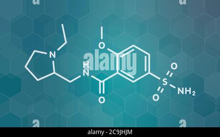 Sulpiride antipsychotic (neuroleptic) drug molecule. Stylized skeletal ...