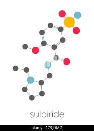 Sulpiride antipsychotic (neuroleptic) drug molecule. Stylized skeletal ...