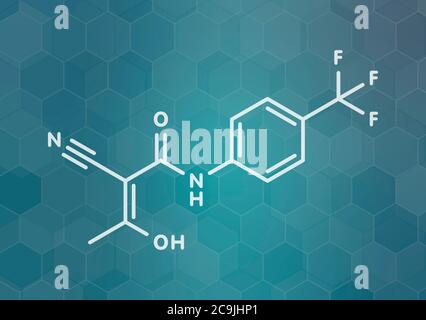 Teriflunomide multiple sclerosis (MS) drug molecule. Stylized skeletal ...