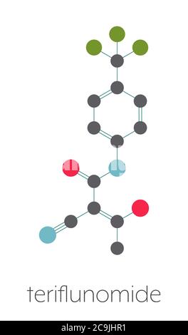Teriflunomide multiple sclerosis (MS) drug molecule. Stylized skeletal ...