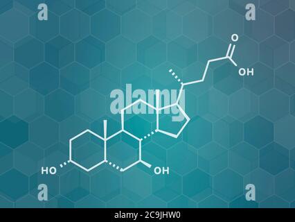 Ursodiol (ursodeoxycholic acid, UDCA) gallstone treatment drug molecule ...