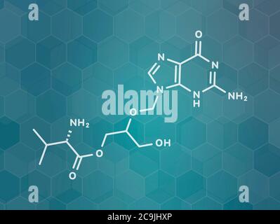 Valganciclovir cytomegalovirus (CMV, HCMV) drug molecule. Stylized ...
