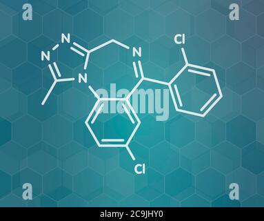 Triazolam insomnia drug (sleeping pill, benzodiazepine class) molecule ...