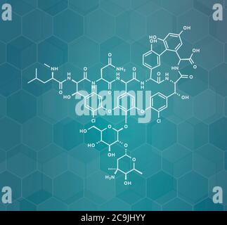 Vancomycin molecule, antibiotic, chemical structure gold on dark ...