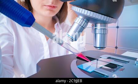 Doctor or scientist using pipette to drop a sample to test tube in ...