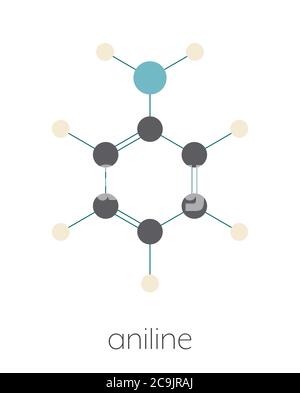 Aniline (phenylamine, aminobenzene) molecule. Stylized skeletal formula ...