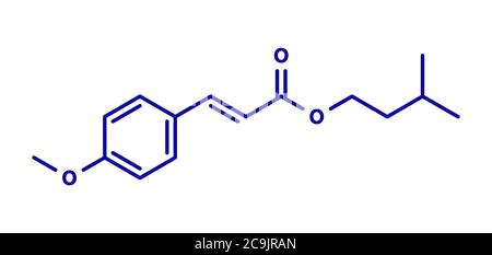 Amiloxate sunscreen molecule (UV filter). White skeletal formula on ...