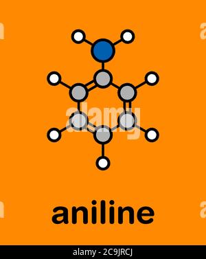 Aniline (phenylamine, aminobenzene) molecule. Stylized skeletal formula ...