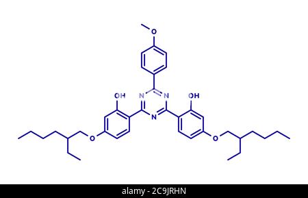 Bemotrizinol sunscreen molecule (UV filter). White skeletal formula on ...