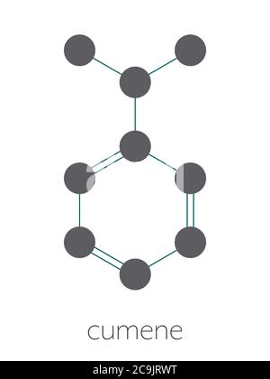Cumene (isopropylbenzene) aromatic hydrocarbon molecule. Atoms are ...