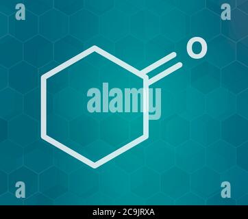 Cyclohexanone organic solvent molecule. Precursor of nylon. Blue skeletal formula on white ...
