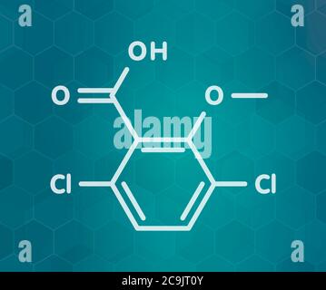 Dicamba herbicide molecule. Used in weed control. Stylized skeletal ...