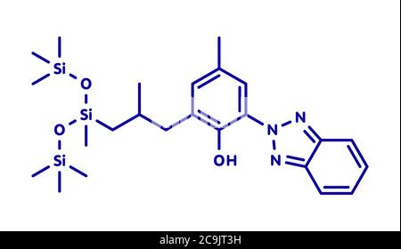 Drometrizole trisiloxane sunscreen molecule (UV filter). White skeletal ...