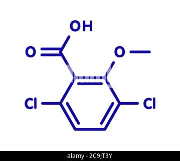 Dicamba herbicide molecule. Used in weed control. Stylized skeletal ...