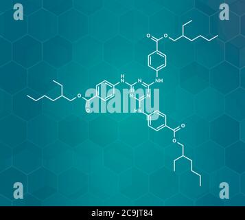 Ethylhexyl triazone sunscreen molecule (UV filter). White skeletal ...