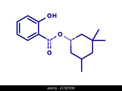 Homosalate sunscreen molecule (UV filter). White skeletal formula on ...
