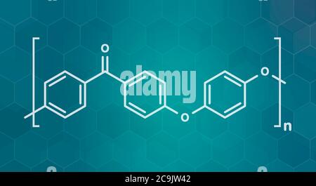 Polyether ether ketone (PEEK) polymer, chemical structure. Blue ...
